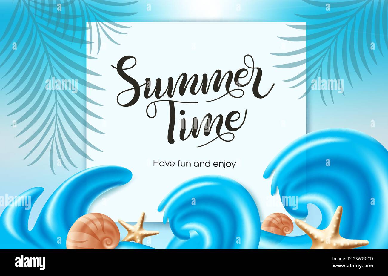 Summer time vector template design. Summertime text in white board space with sea waves ...