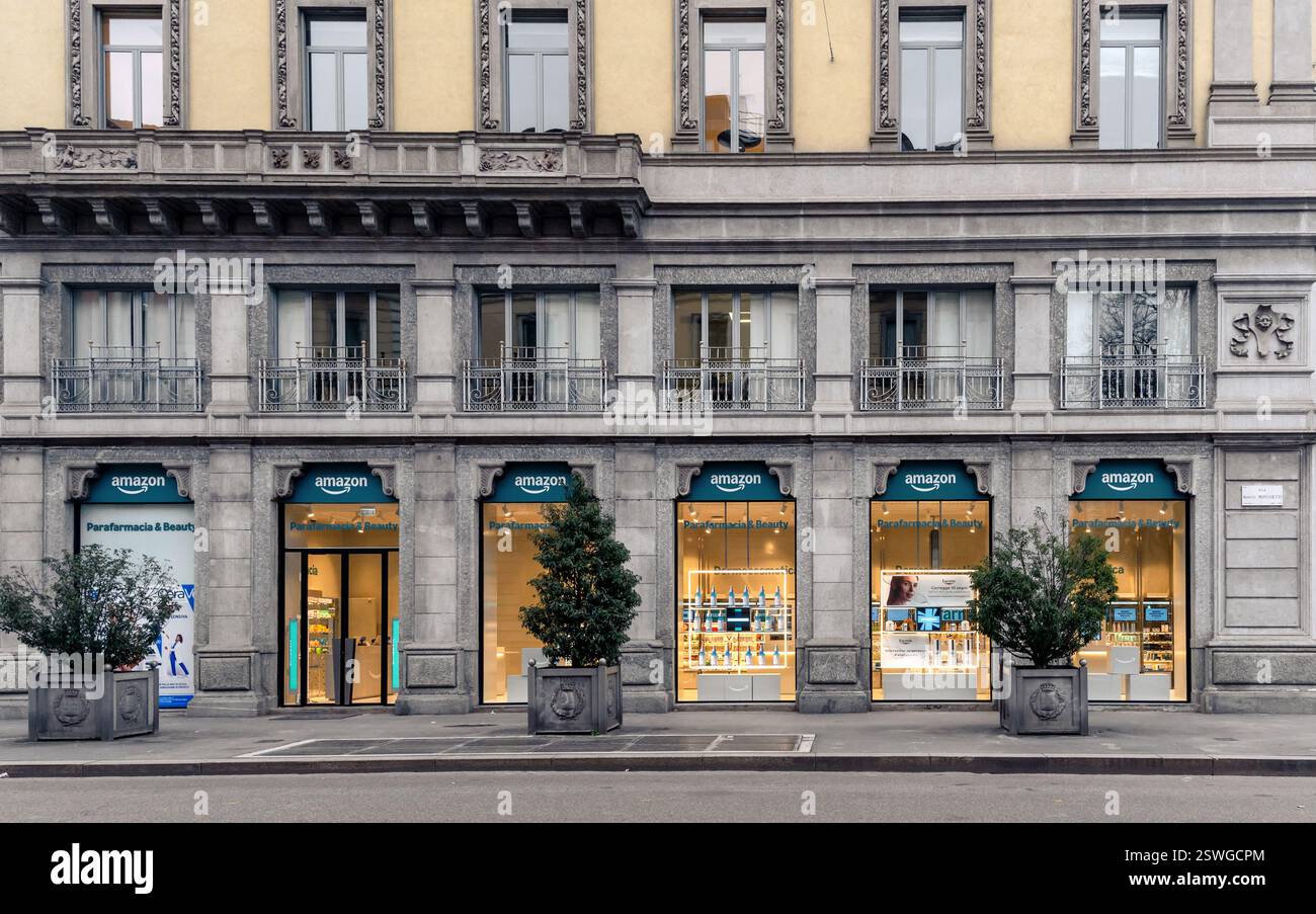 Modern storefront of an Amazon physical store in Milan, showing health ...