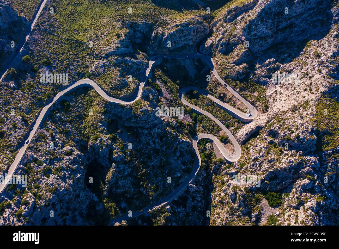 Stunning aerial shot iconic Sa Calobra road winding through Tramuntana ...