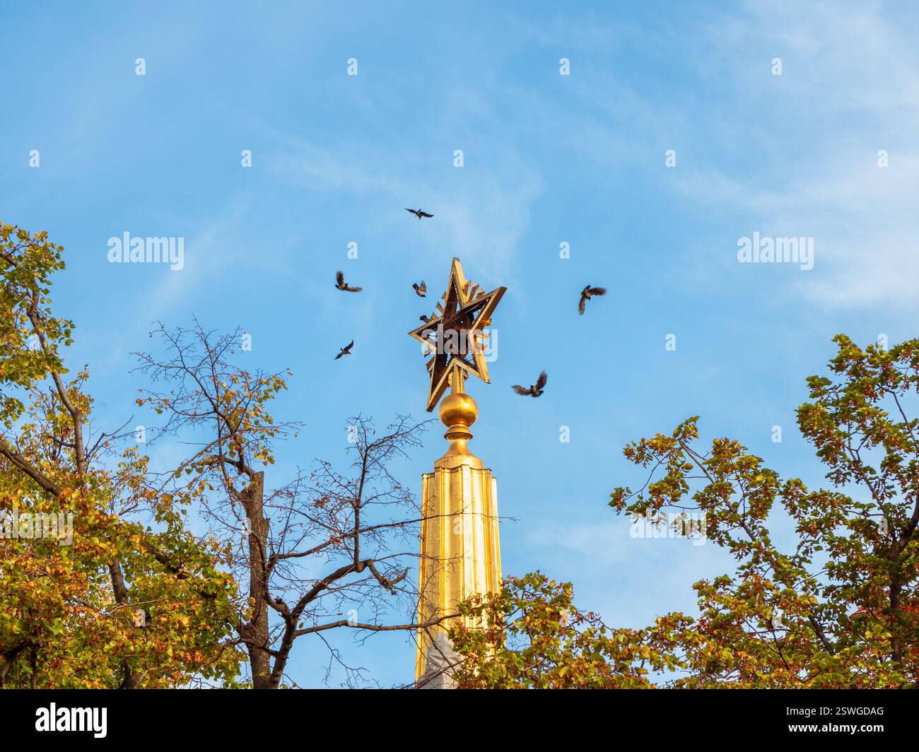 Black birds fly around the spire, VDNH, Moscow Stock Photo - Alamy