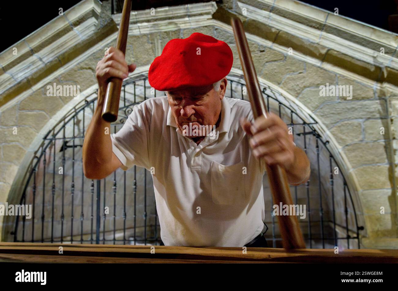 Man plays the txalaparta, a traditional Basque instrument, during the ...