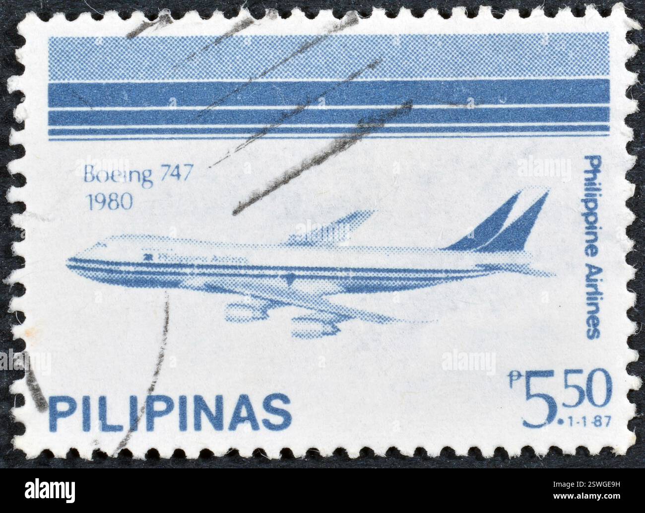 Cancelled postage stamp printed by Philippines, that shows PAL Boeing ...
