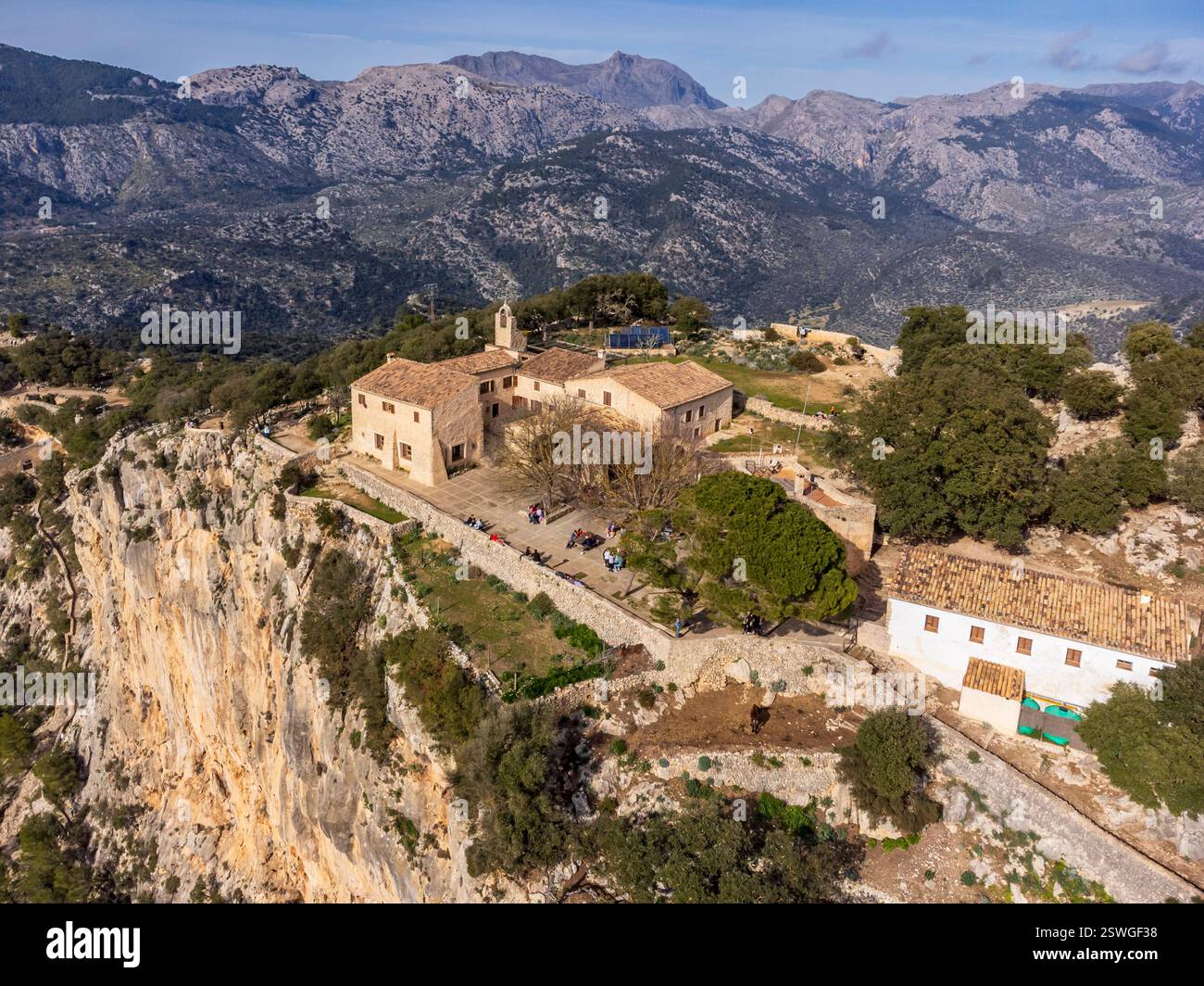 aerial view of the hermitage and Alaró Castle hostelry , Alaró hill ...
