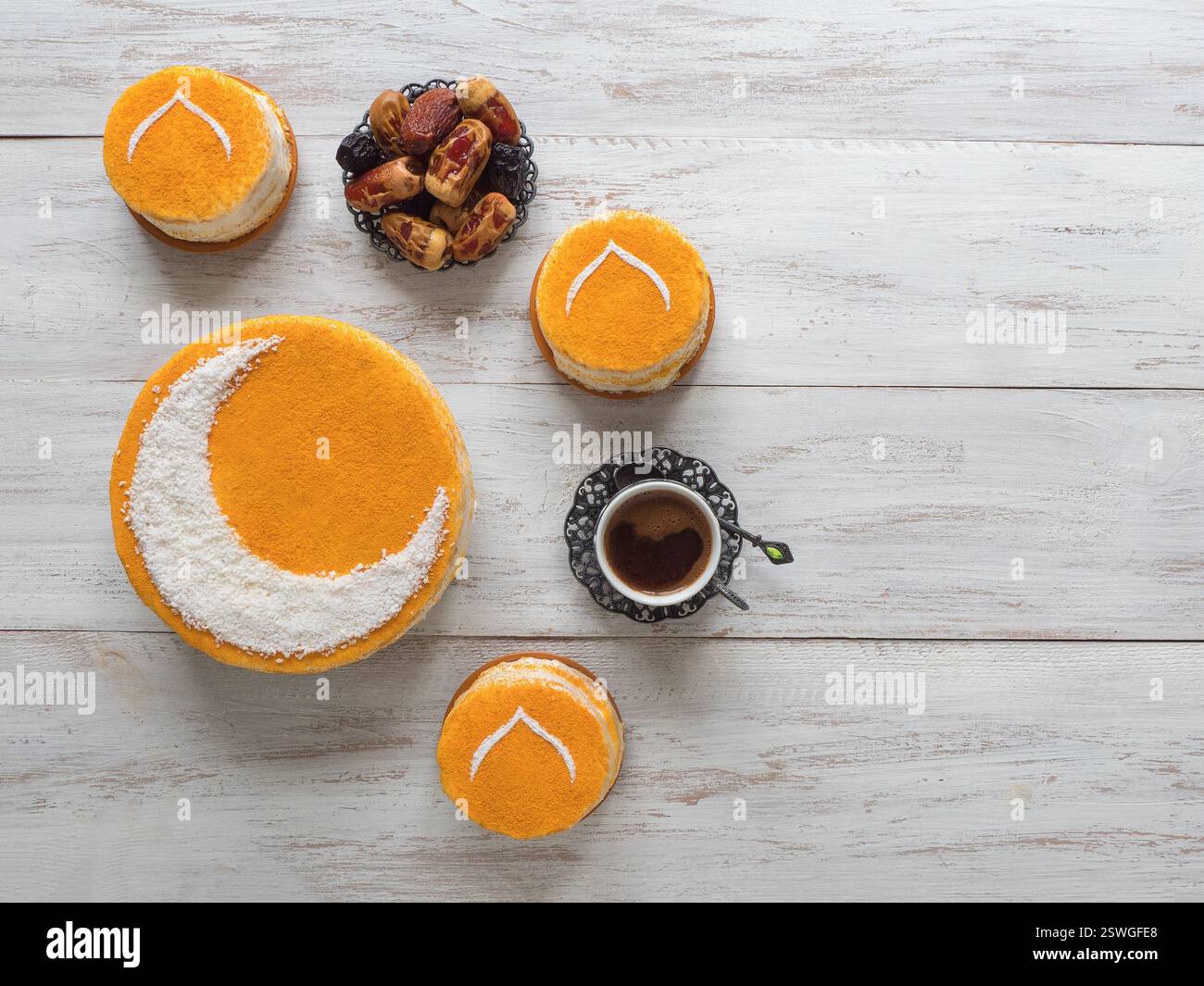 Delicious homemade golden cake with a Crescent moon, served with black ...