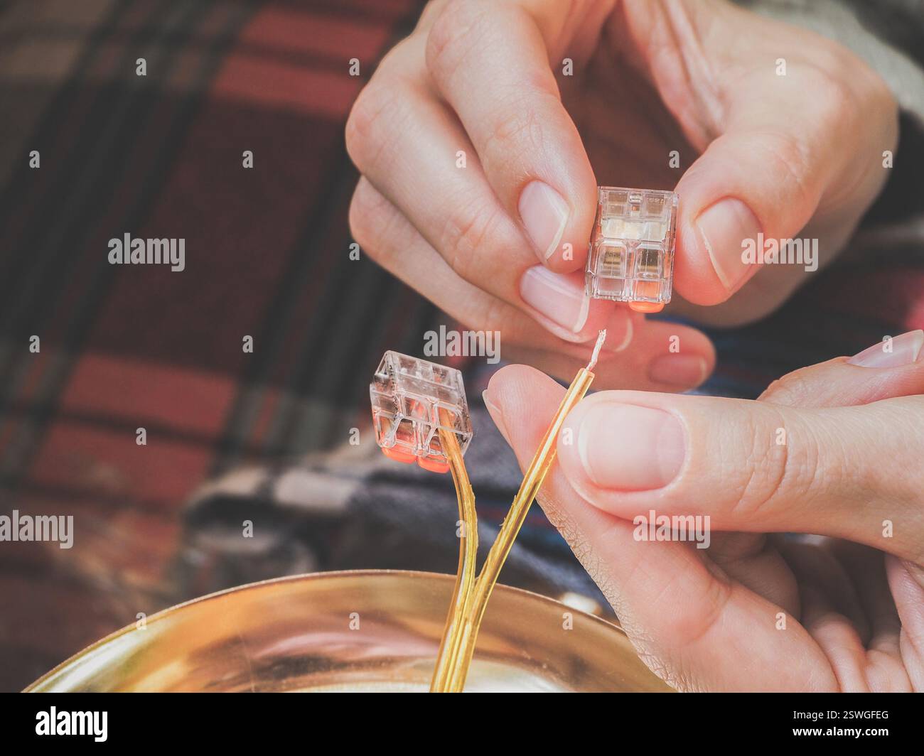Electrical connection of wires through terminal connectors Stock Photo ...