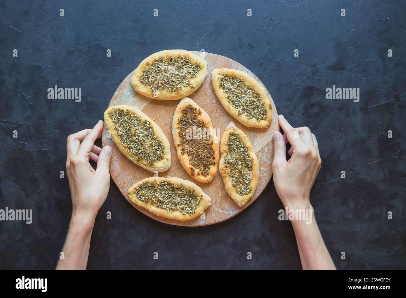 Wheat tortillas with herbs and spices. Homemade cake. Arabic cuisine ...