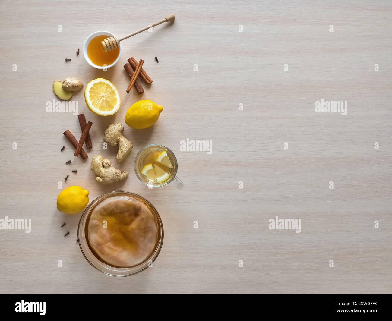 Kombucha fungus with ginger root, honey and lemon. Antiviral drink ...