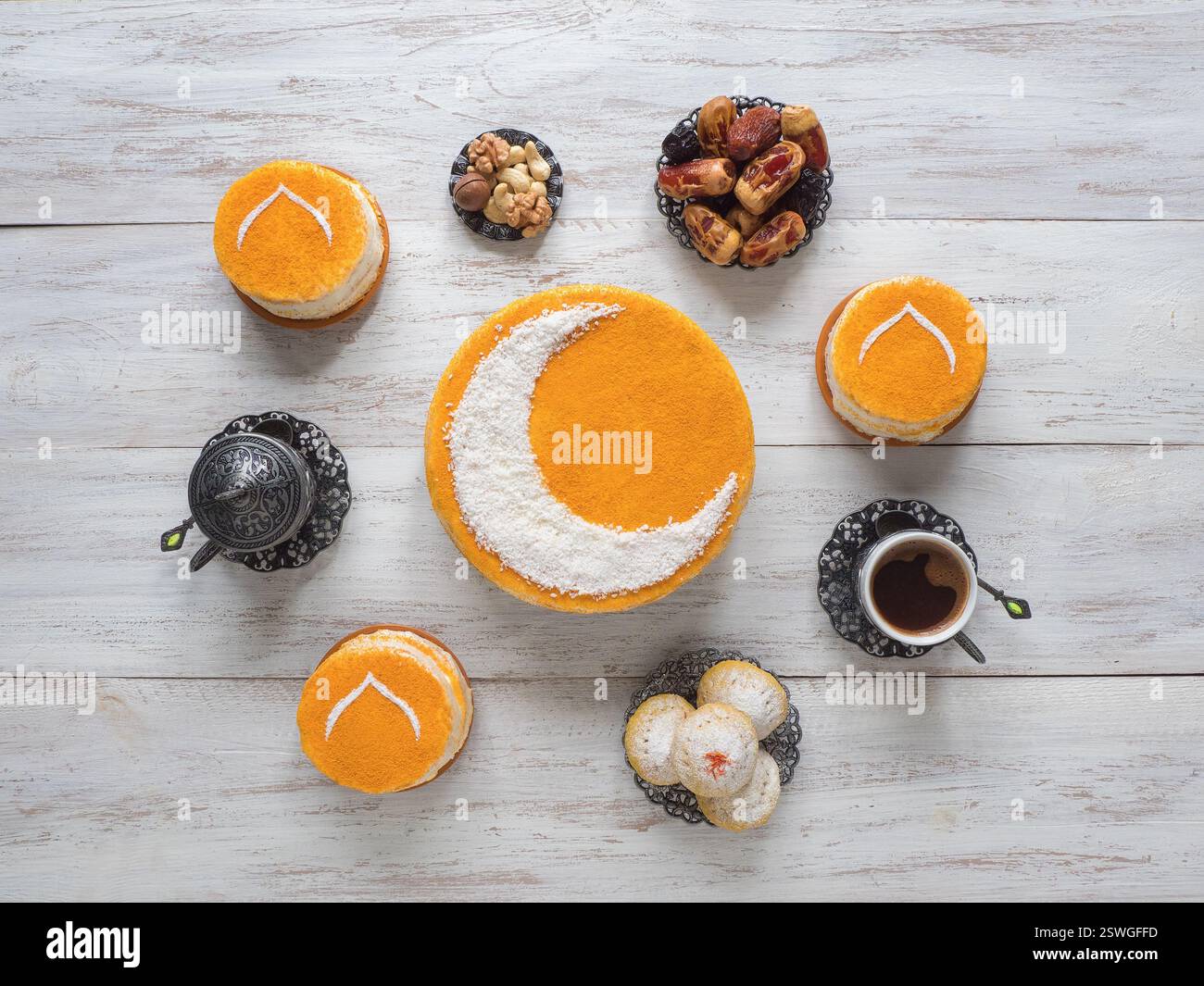 Delicious homemade golden cake with a Crescent moon, served with black ...