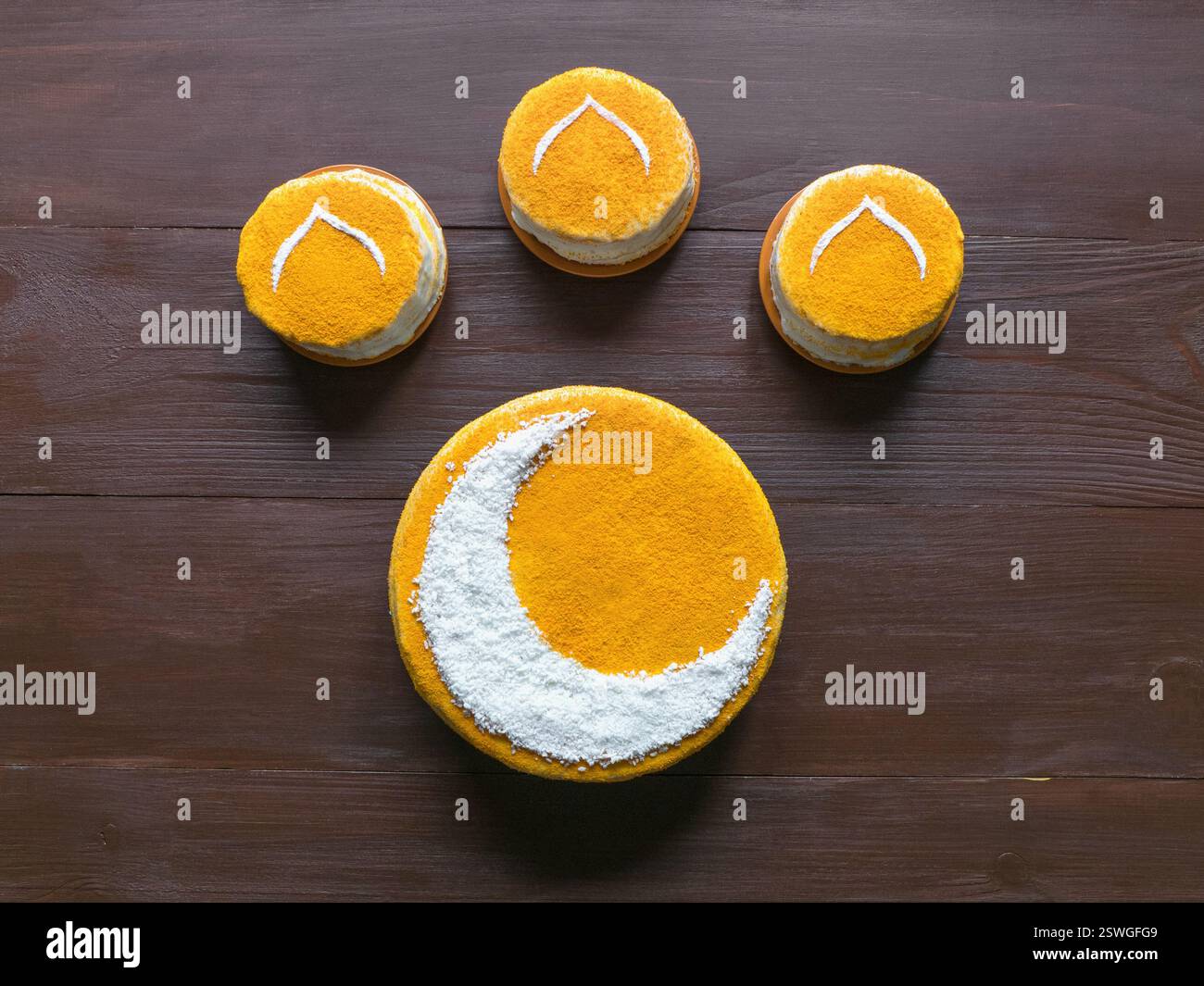 Delicious homemade golden cake with a Crescent moon. Ramadan background ...