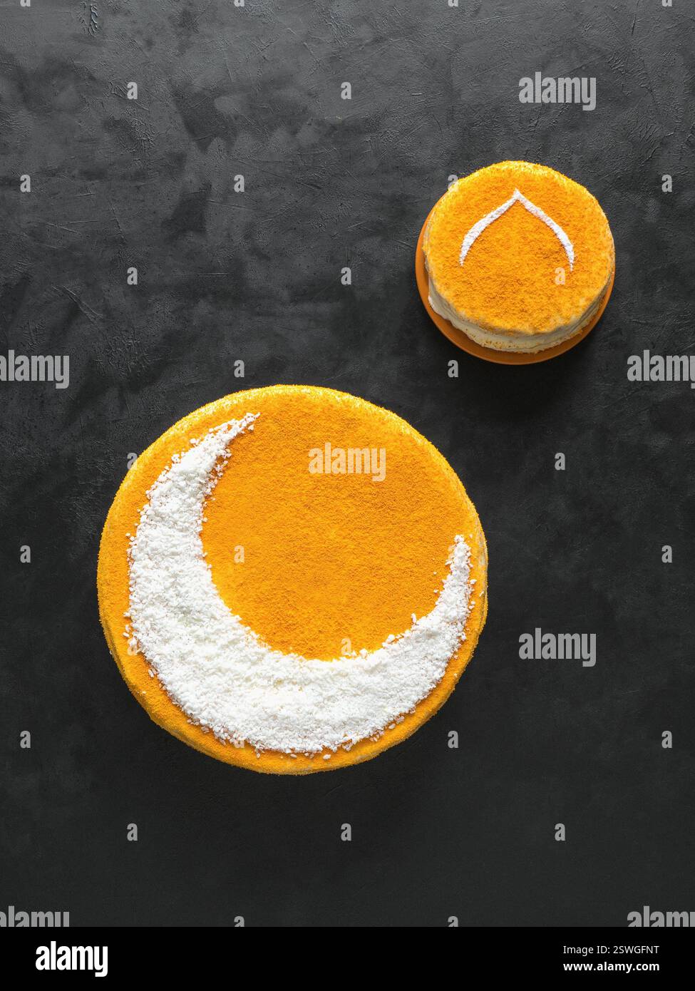 Delicious homemade golden cake with a Crescent moon. Ramadan background ...