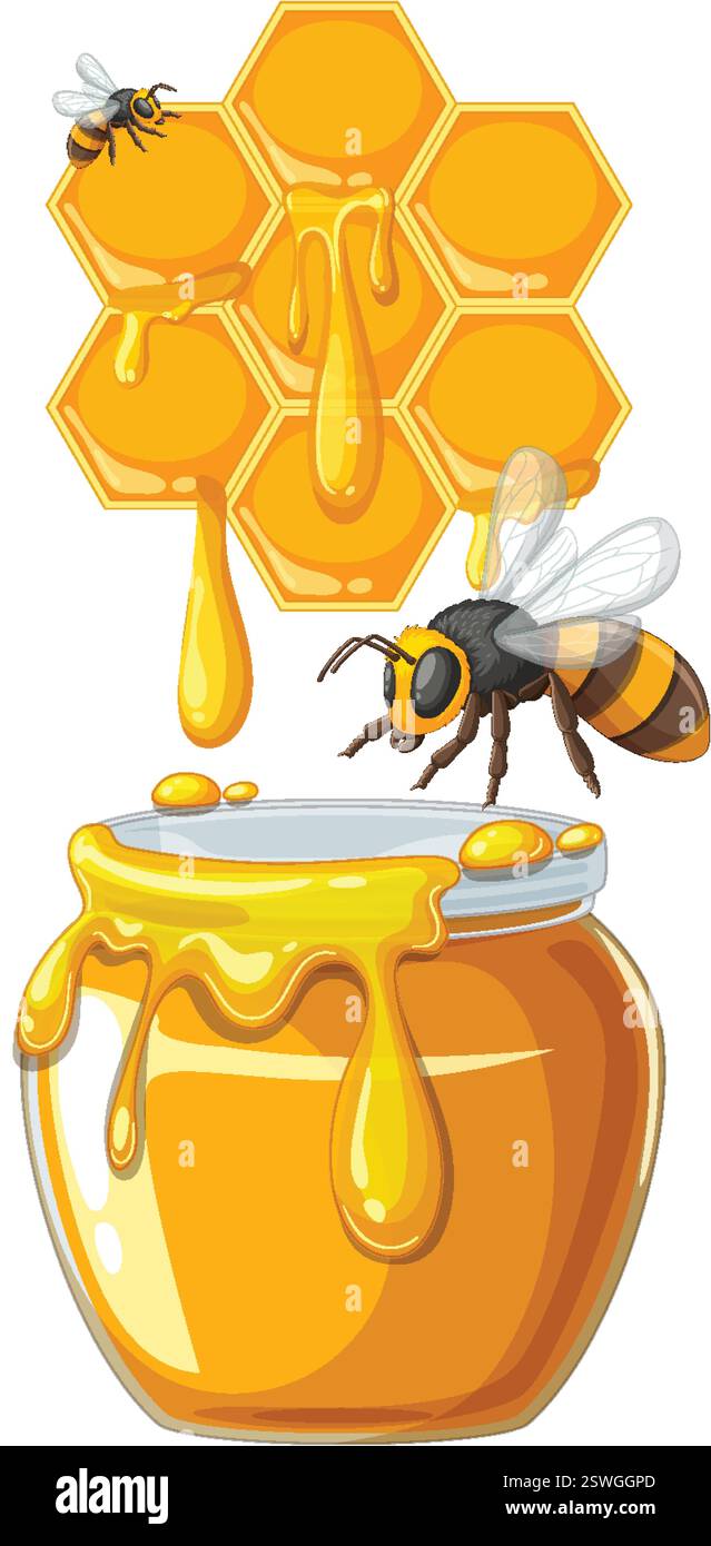 Bees buzzing around honeycomb and honey jar Stock Vector Image & Art ...