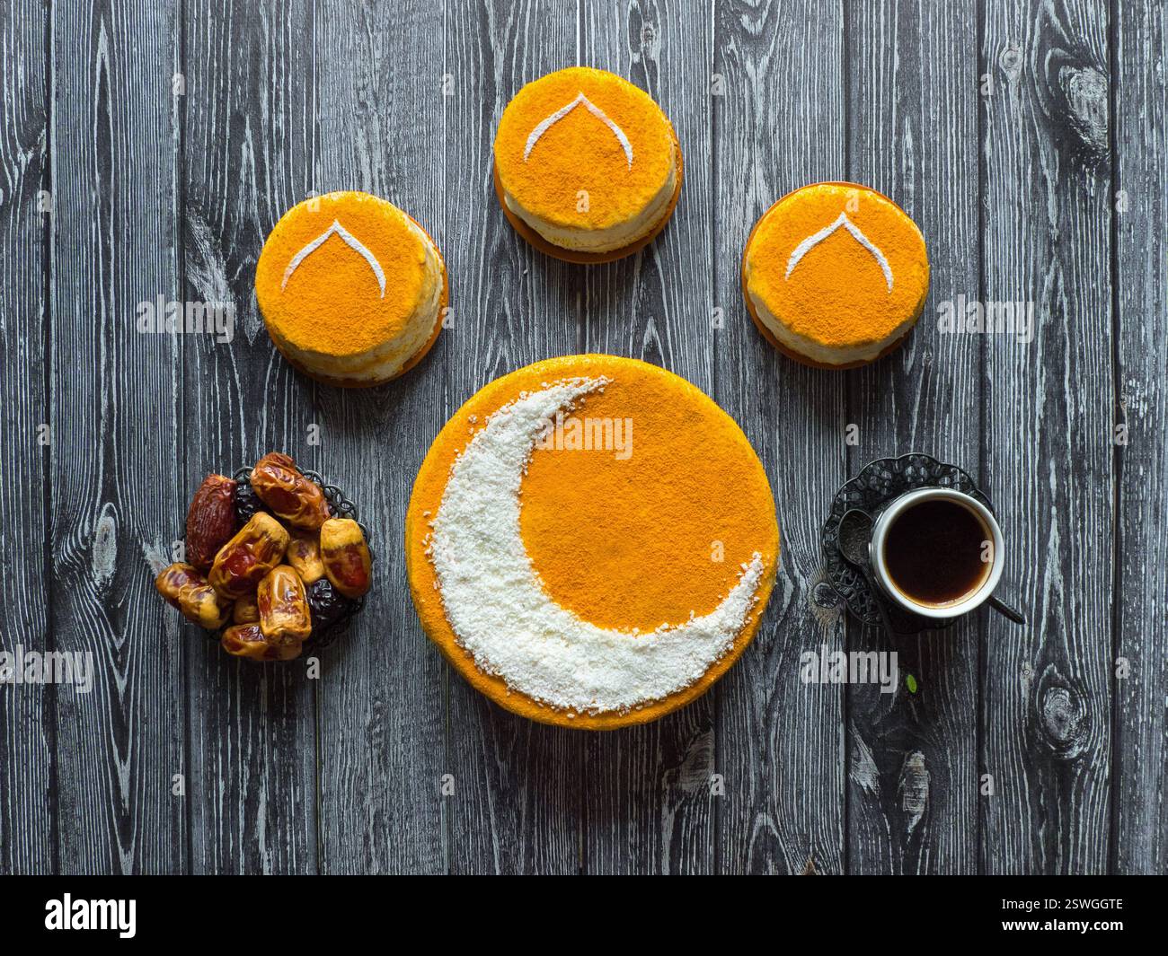 Homemade golden cake with a Crescent moon, served with black coffee and ...