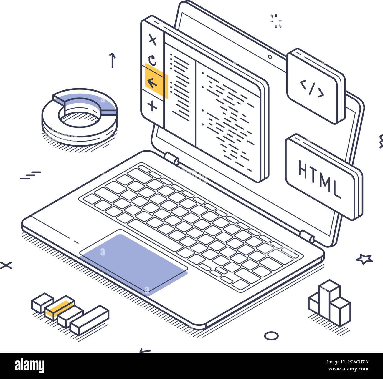Laptop showcases HTML code while various design elements like charts ...