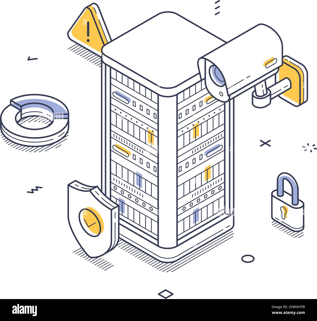 Line art shows a secure data center with surveillance cameras and locks. Security measures to ...