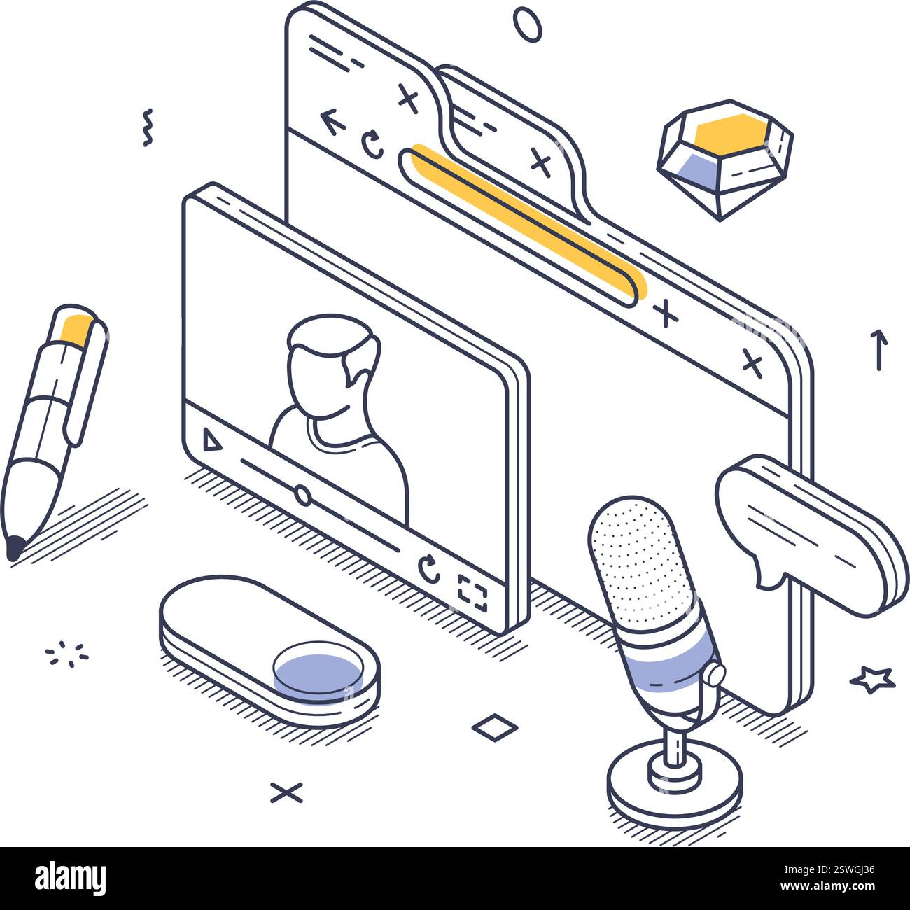 Creative digital workspace concept with isometric line art, showcasing elements such as a ...