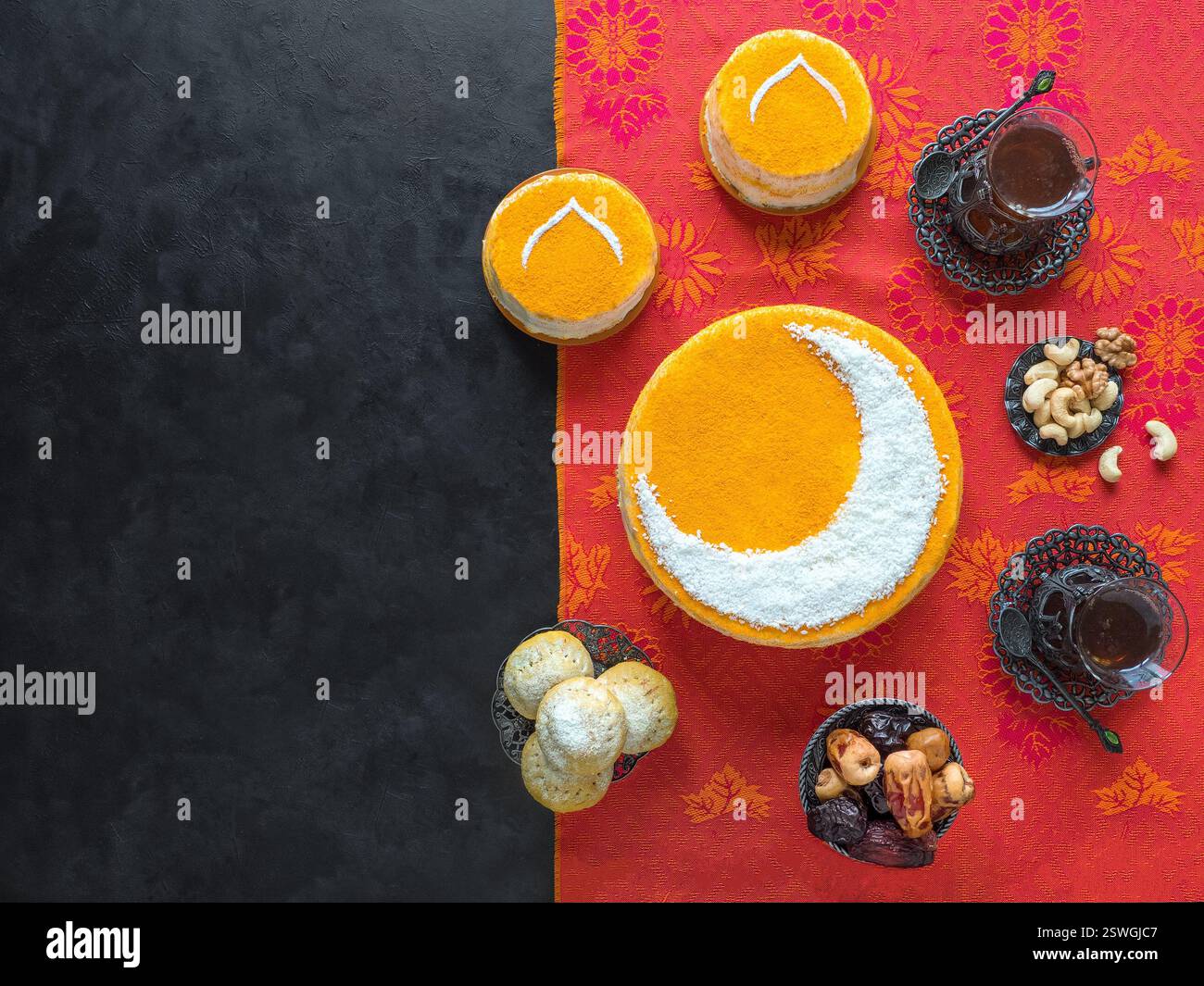Delicious homemade golden cake with a Crescent moon, served with black ...