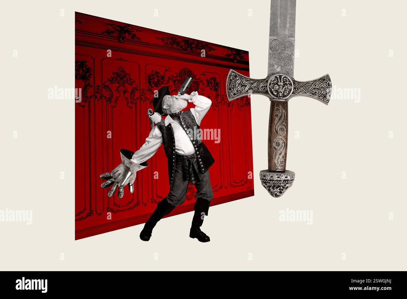 Contemporary art banner collage of old man guard pirate drink rum ...