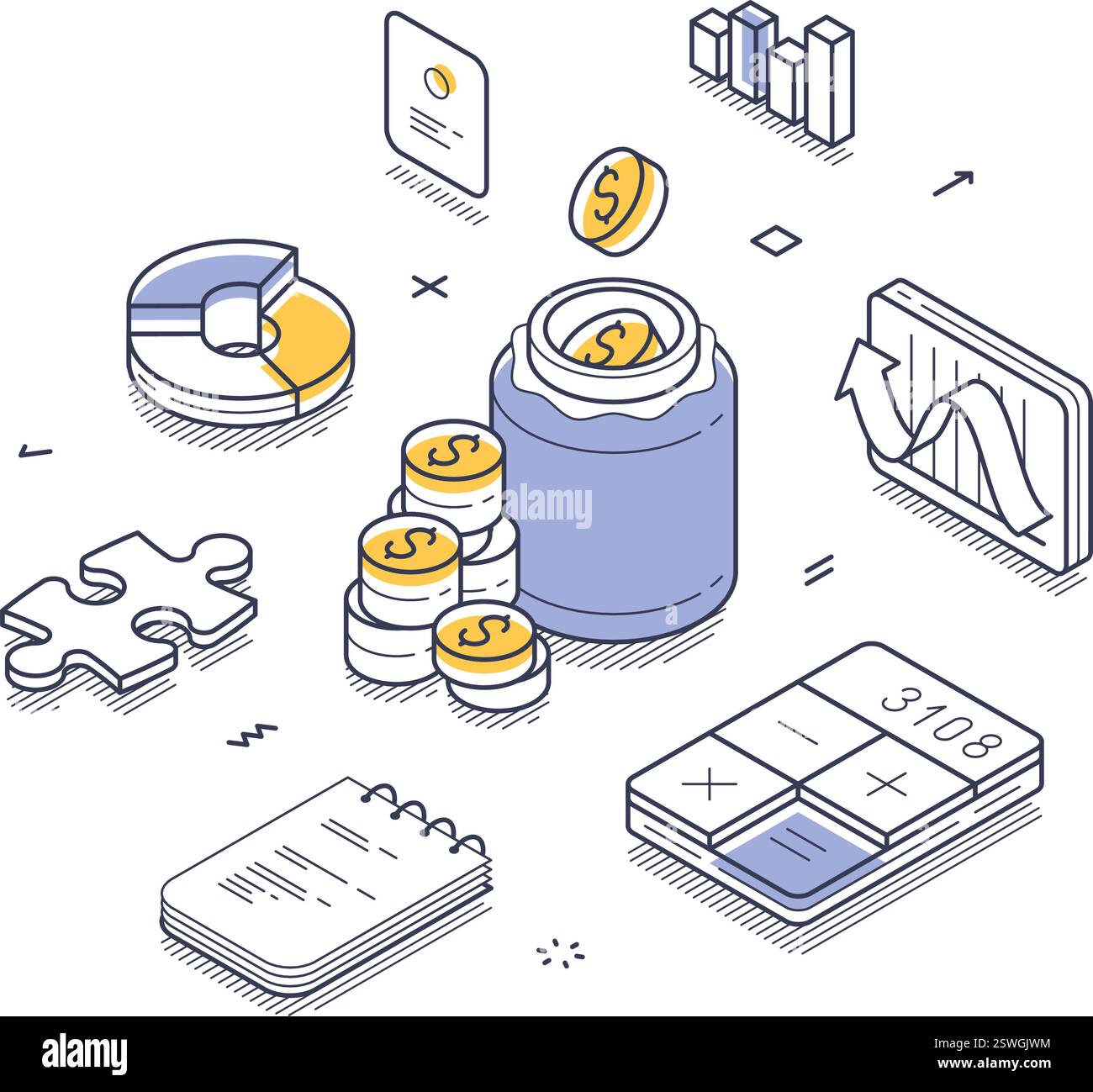 Various financial management tools, including a money jar, coins, a ...