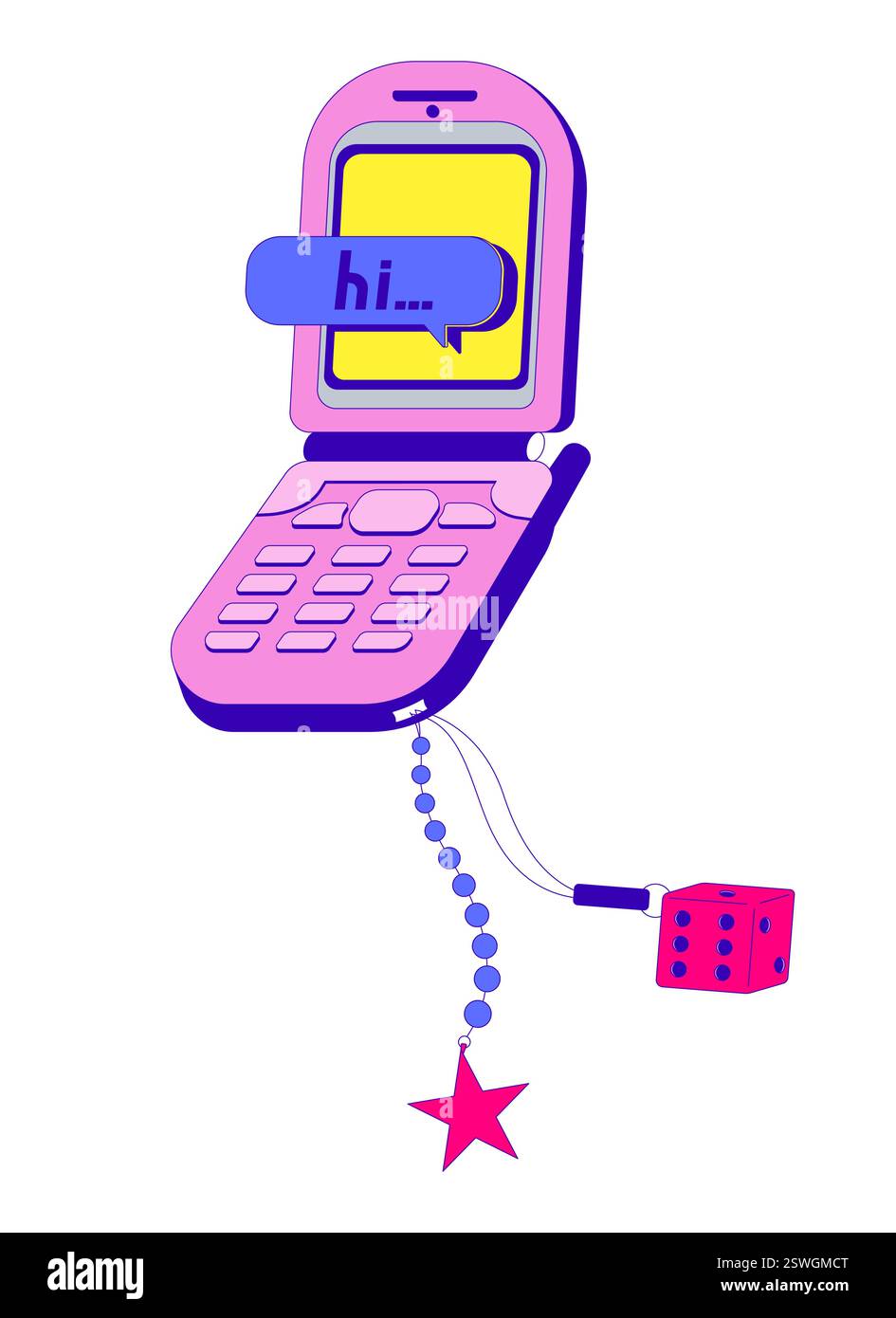 Retro flip phone with charms and text message cartoon flat illustration ...