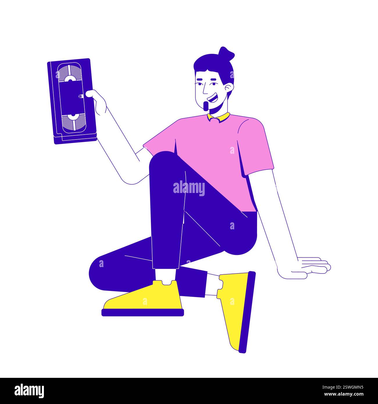 Bearded man sitting casually, holding VHS tape 2D cartoon character ...