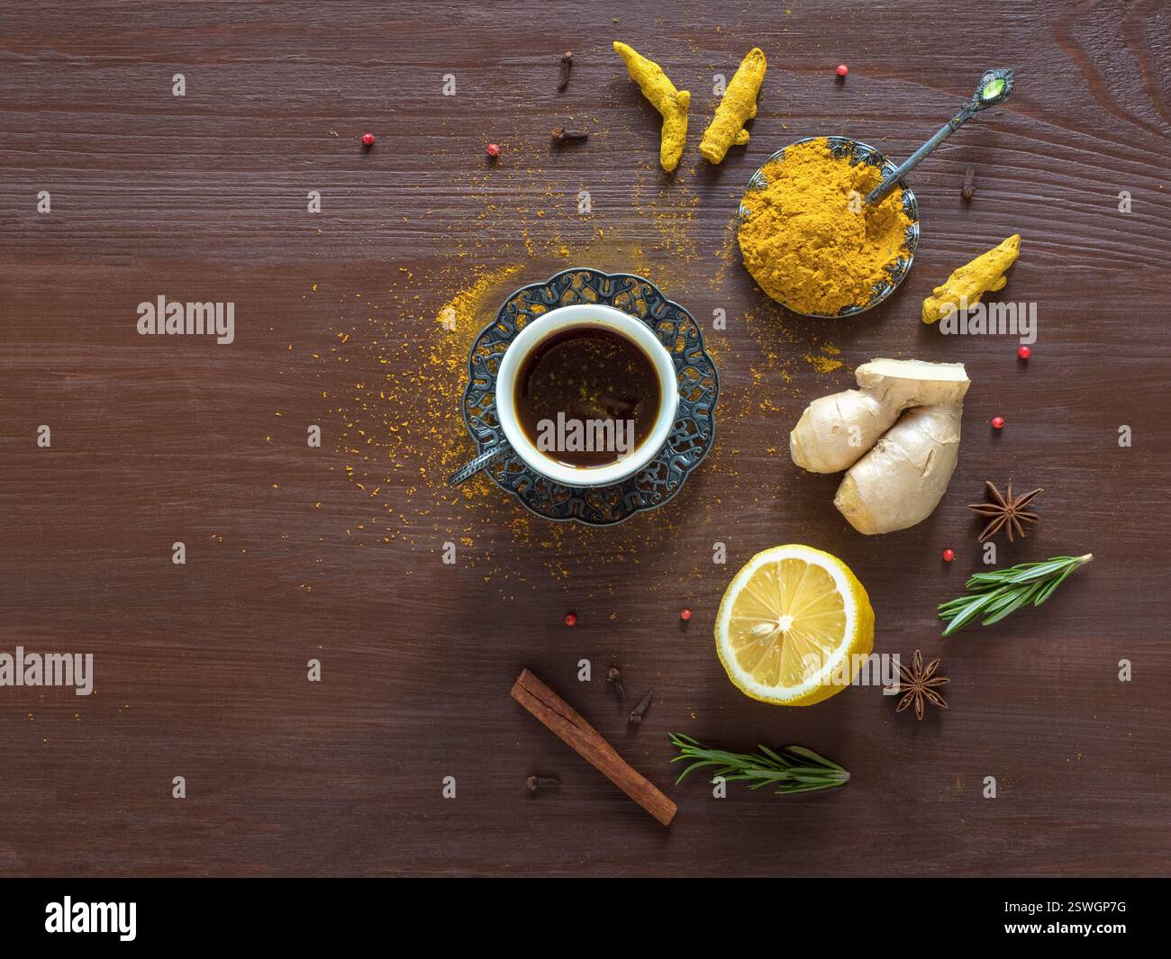 Black coffee with turmeric, cinnamon,ginger, lemon and pepper Stock ...