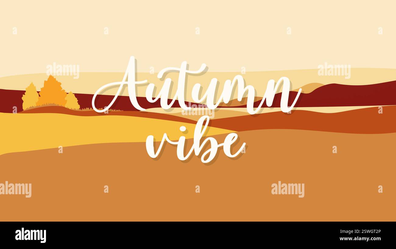 Autumn Vibe, minimalist autumn orange landscape with hills and trees ...