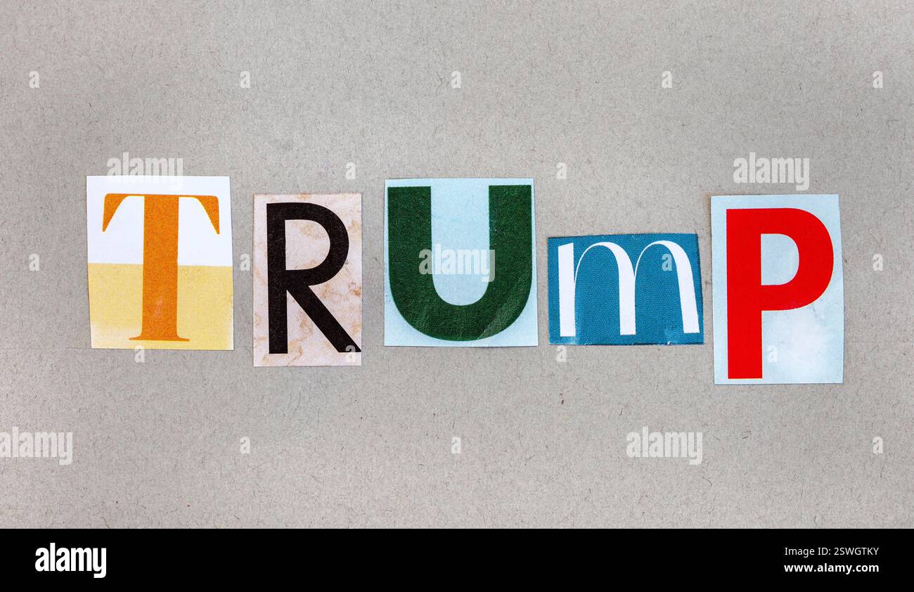 The Name Trump is written in a jumbled up way. The letters are cut up ...