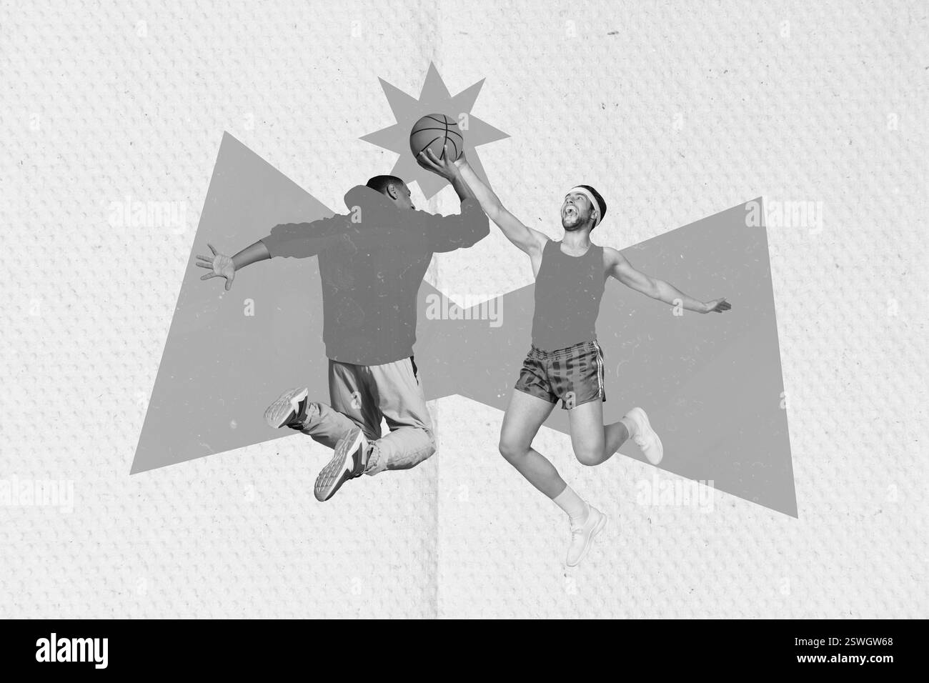 Creative retro 3d magazine collage image of excited funky friends ...