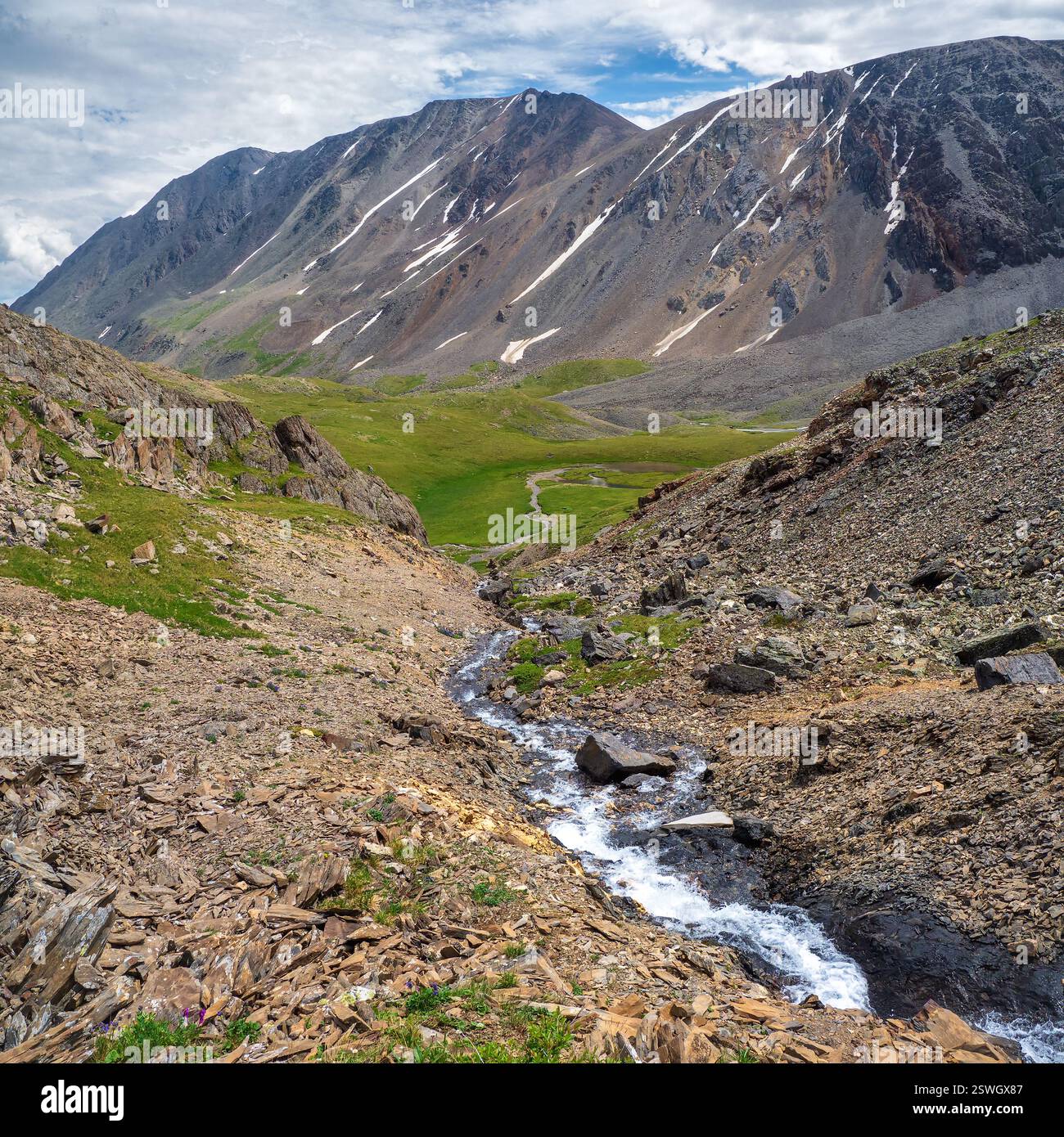 Glaciers melt, water flows into the valley. Picturesque highland ...