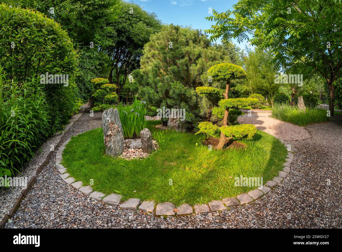 Summer garden courtyard. Small Japanese garden park style in spring on ...