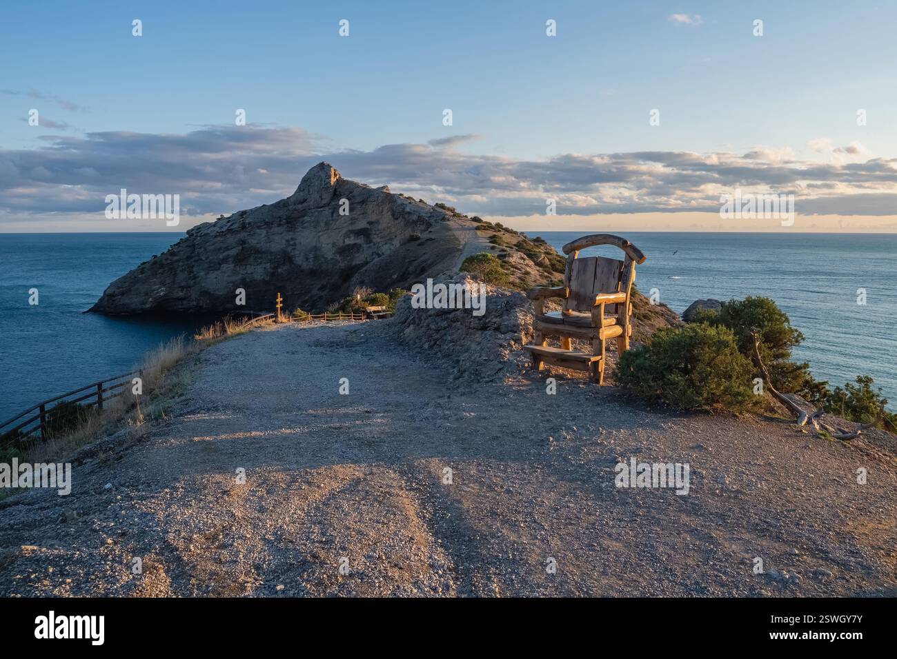 A wooden armchair in a tourist place. Cape Kapchik Crimean Peninsula ...