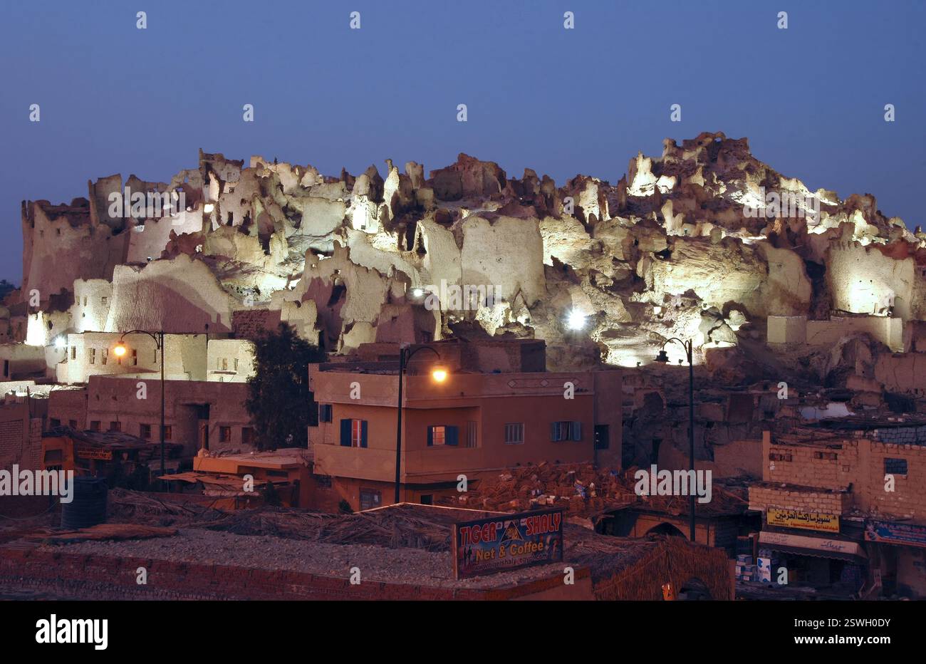 View at twilight of the old town of Shali and mud brick deserted houses ...