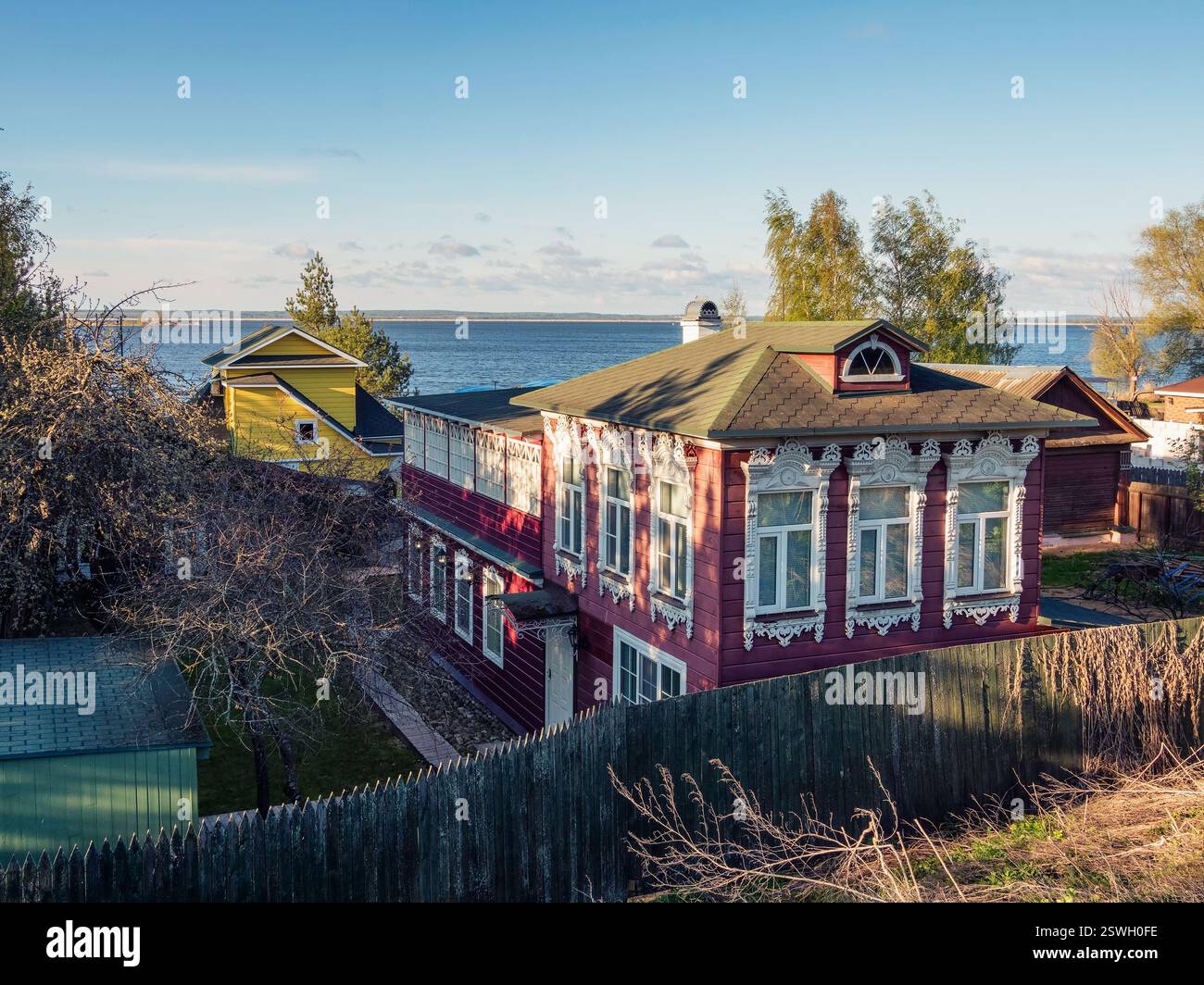 Springtime in old traditional russian town Rostov with wooden houses ...