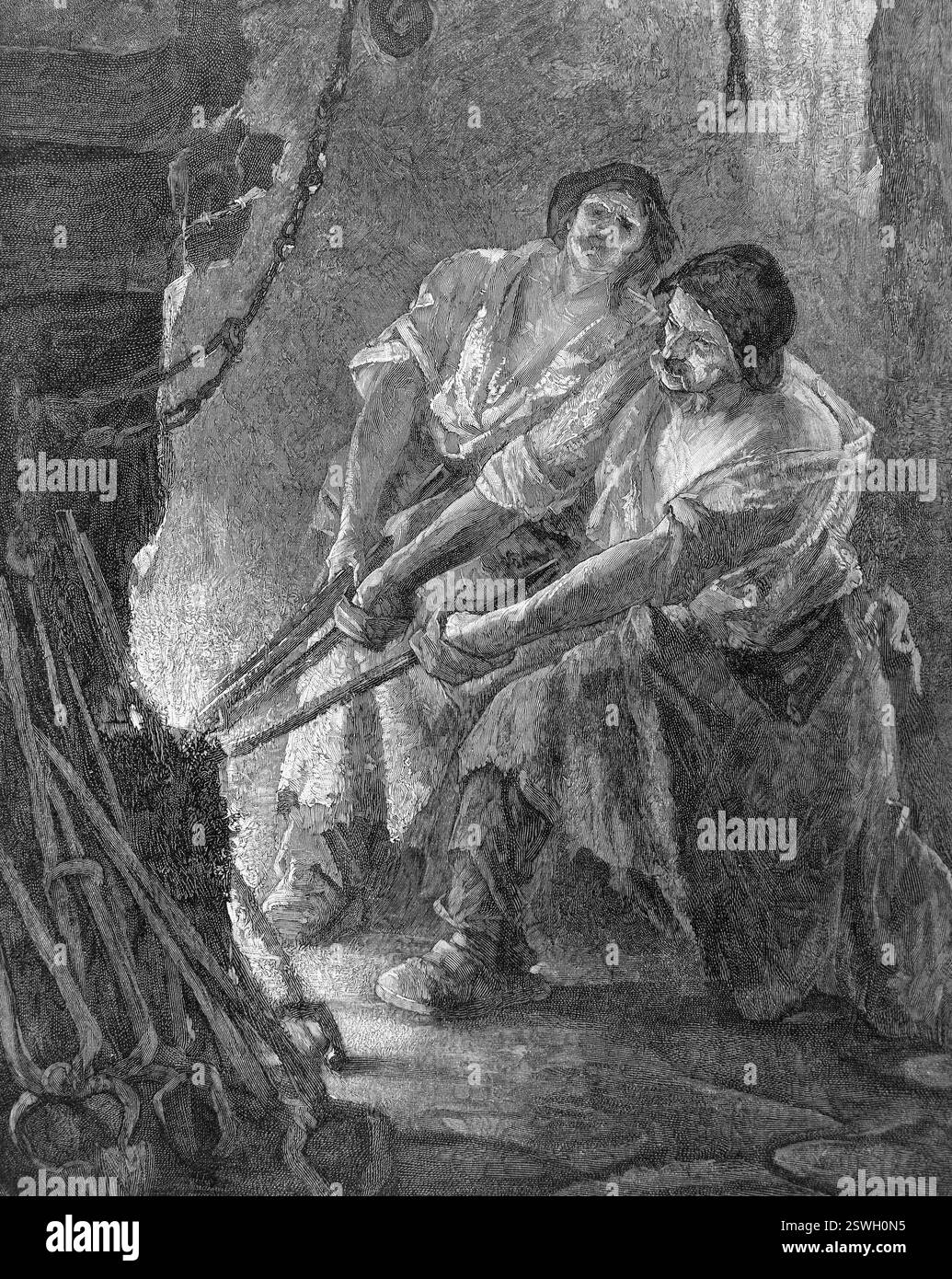 Metallurgy industry. Interior of the forge. Engraving. 19th century ...