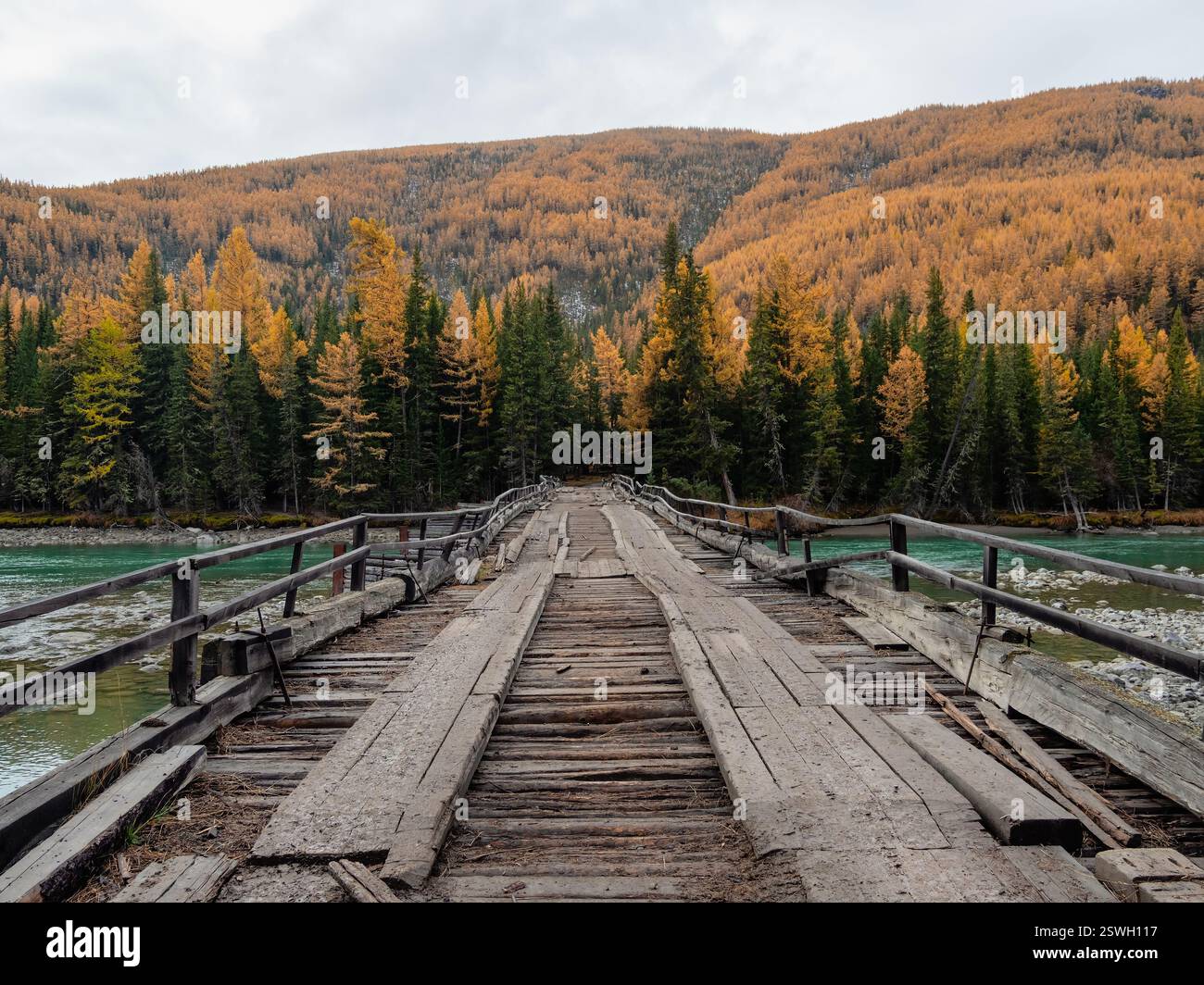 Dilapidated wooden road bridge over the mountain river Stock Photo - Alamy