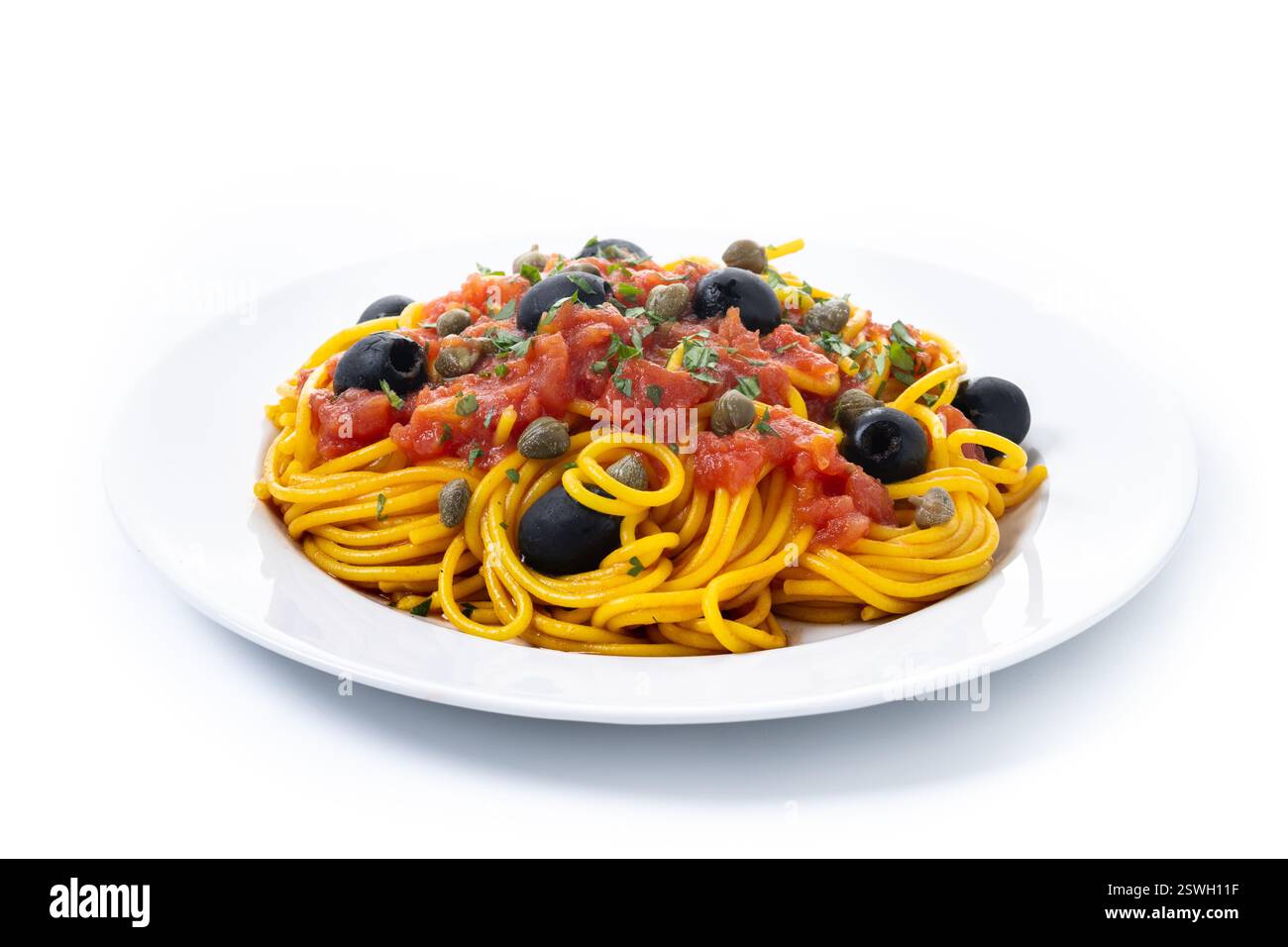 Italian Pasta puttanesca with tomato sauce, capers, and black olives ...