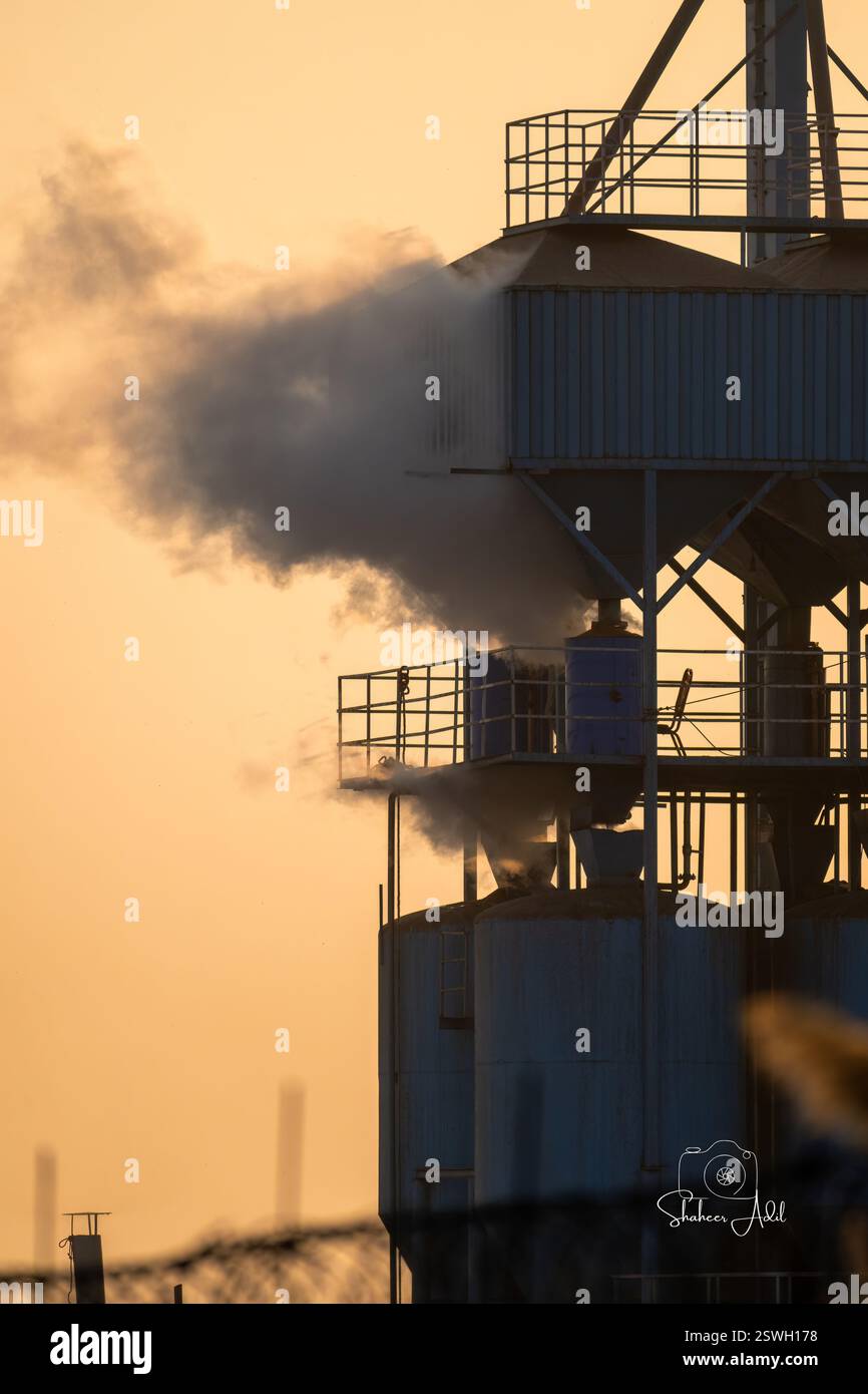 Thick smoke rises from the factory, a stark reminder of industrial ...