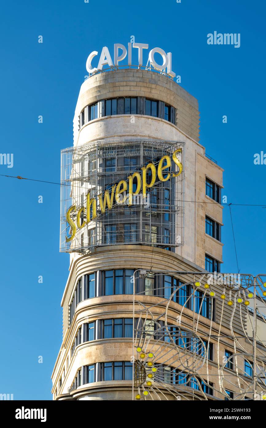 The landmark, Art Deco tower of Capitol Gran Vía Cinema building in ...