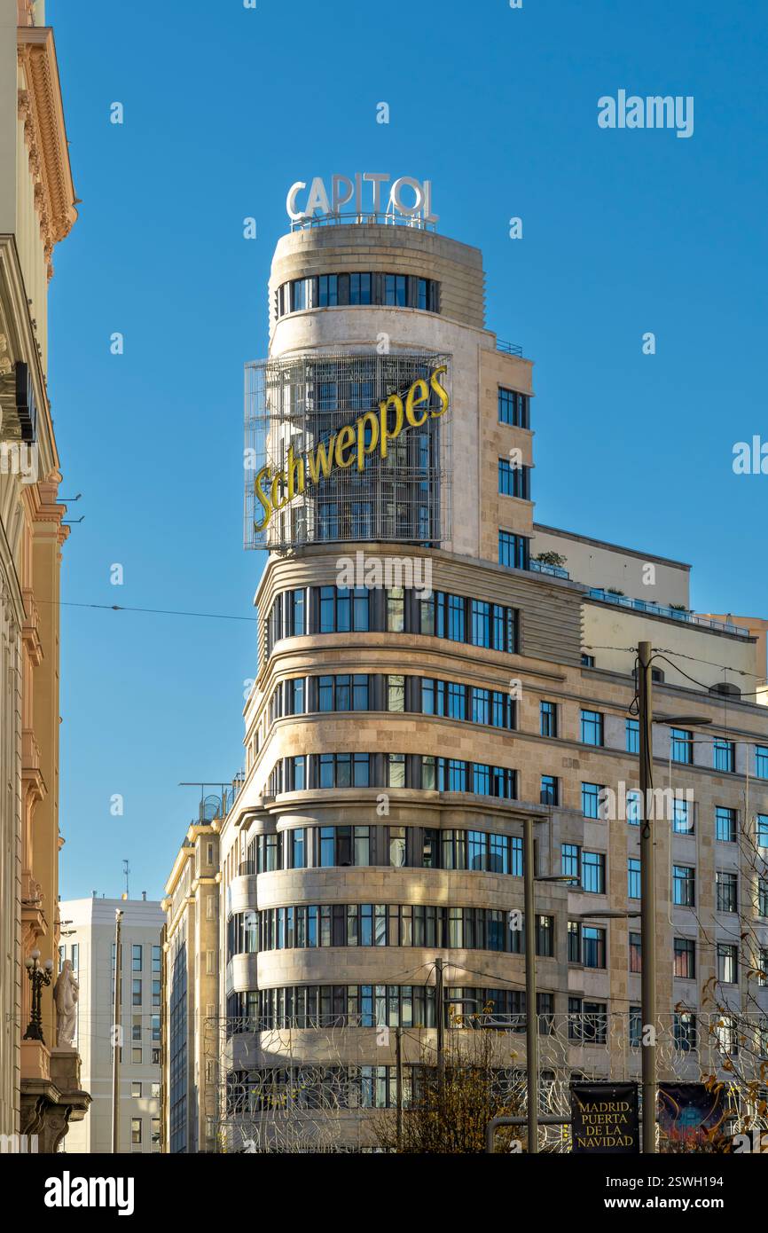 The landmark, Art Deco tower of Capitol Gran Vía Cinema building in ...