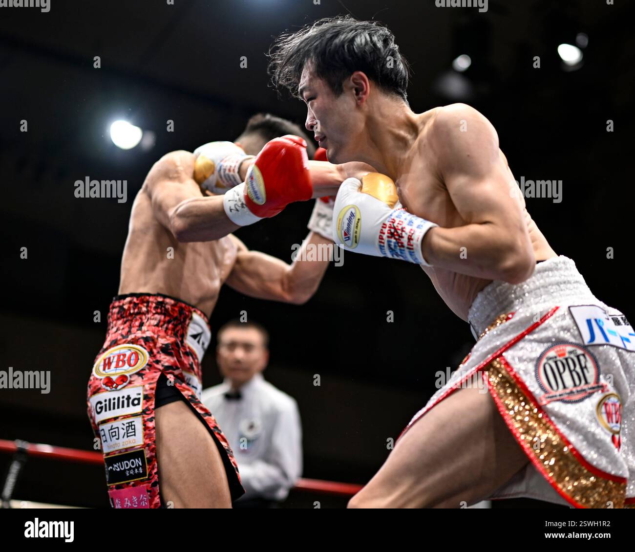 Tokyo, Japan. 11th Feb, 2025. Challenger Hiroto Hoshi (white gloves) knocks down champion Daishi ...