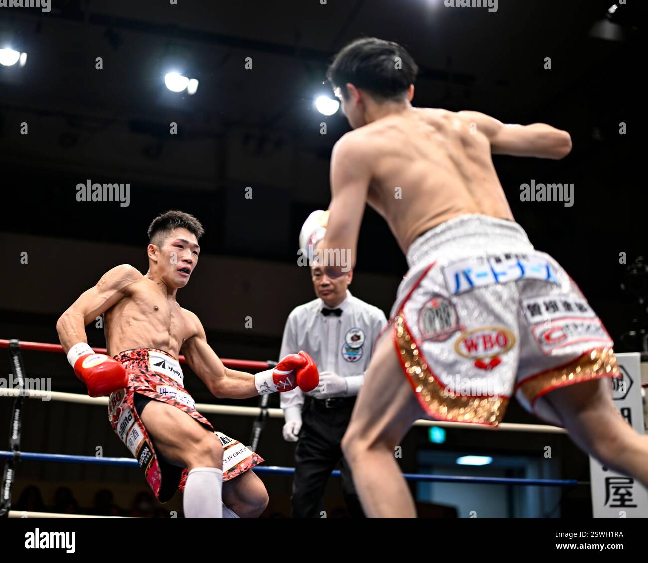 Tokyo, Japan. 11th Feb, 2025. Challenger Hiroto Hoshi (white gloves) knocks down champion Daishi ...