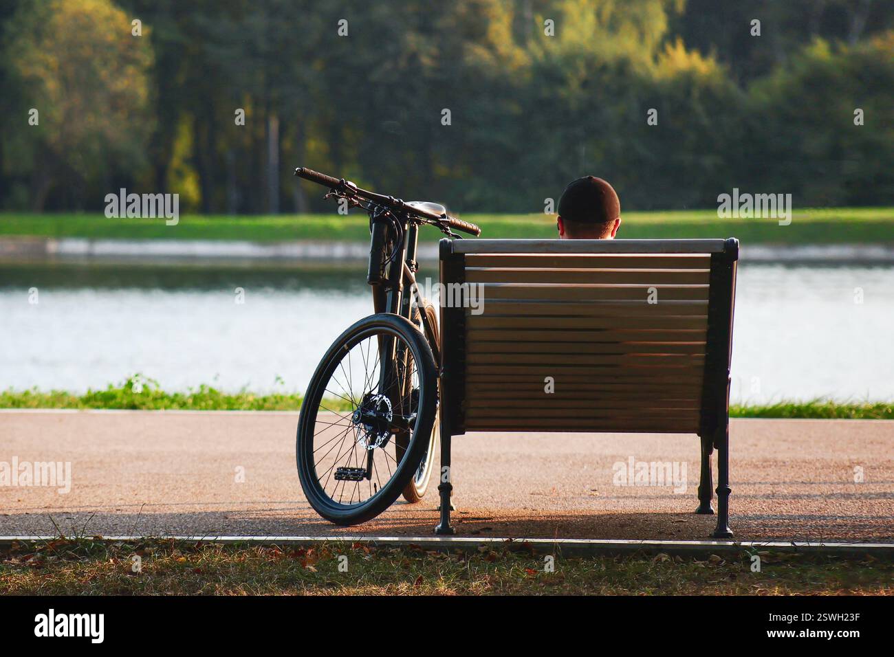 A man sitting on bench relaxed. Back view Stock Photo - Alamy