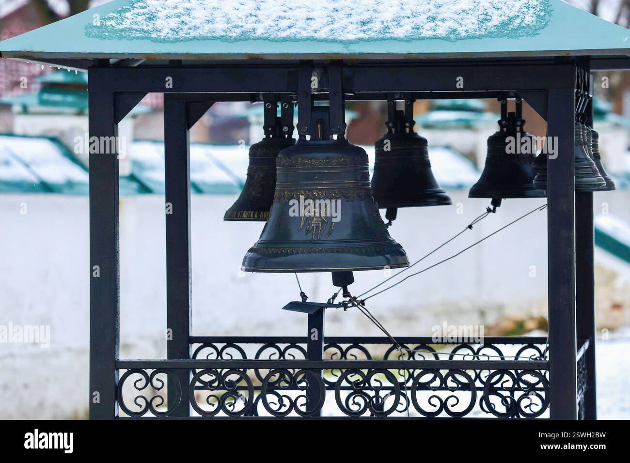 Church bells hang in a row, the bells are ringing Stock Photo - Alamy