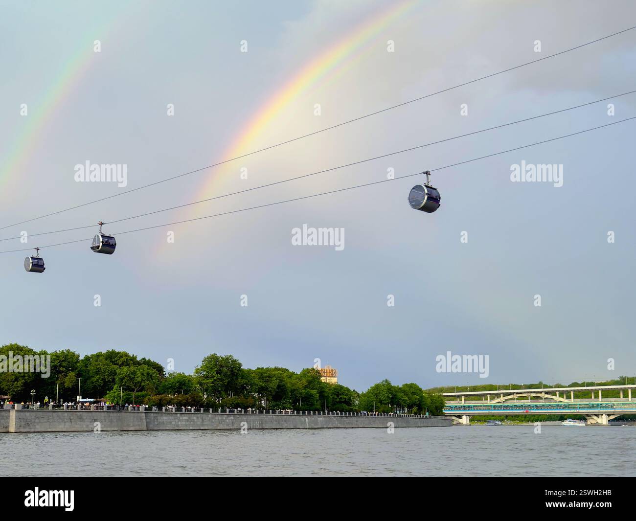 Russian rainbow landscape. Panorama of the Moskva River with ropeway ...