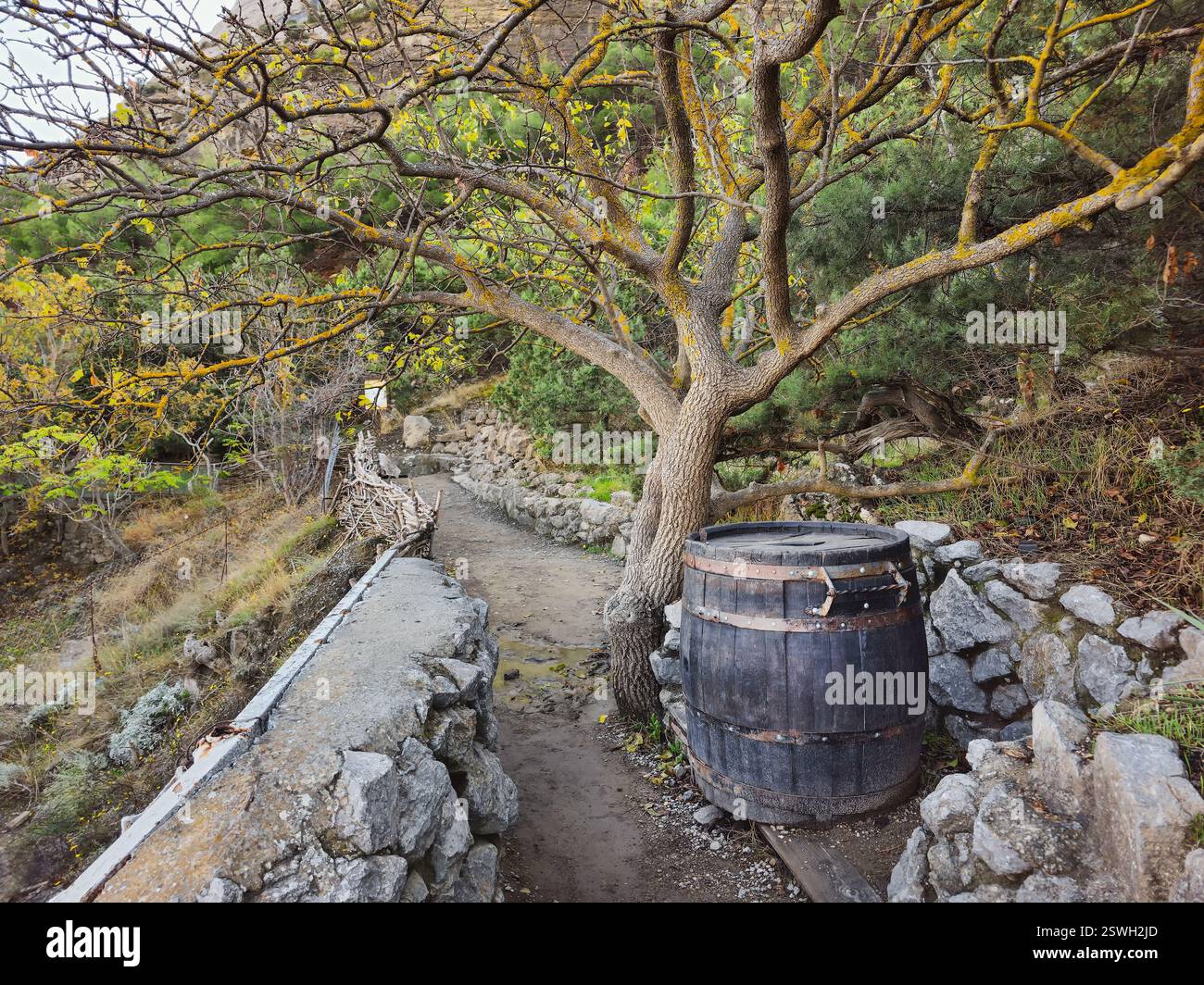 Golitsyn's stone trail entrance. Trail along the edge of the cliff in ...