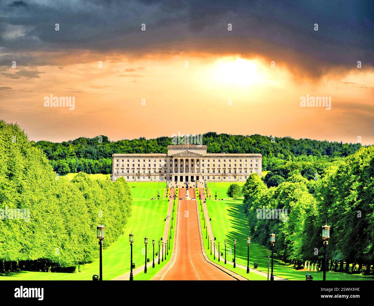 Belfast Northern Ireland Stormont Buildings with dark cloud and warm ...