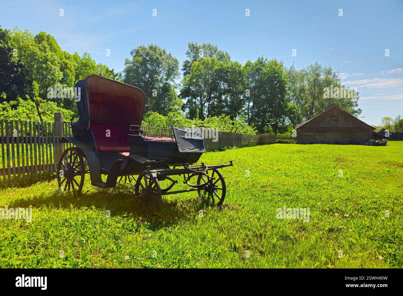 An ancient phaeton carriage on a green rural lawn. Izvara. Leningrad ...