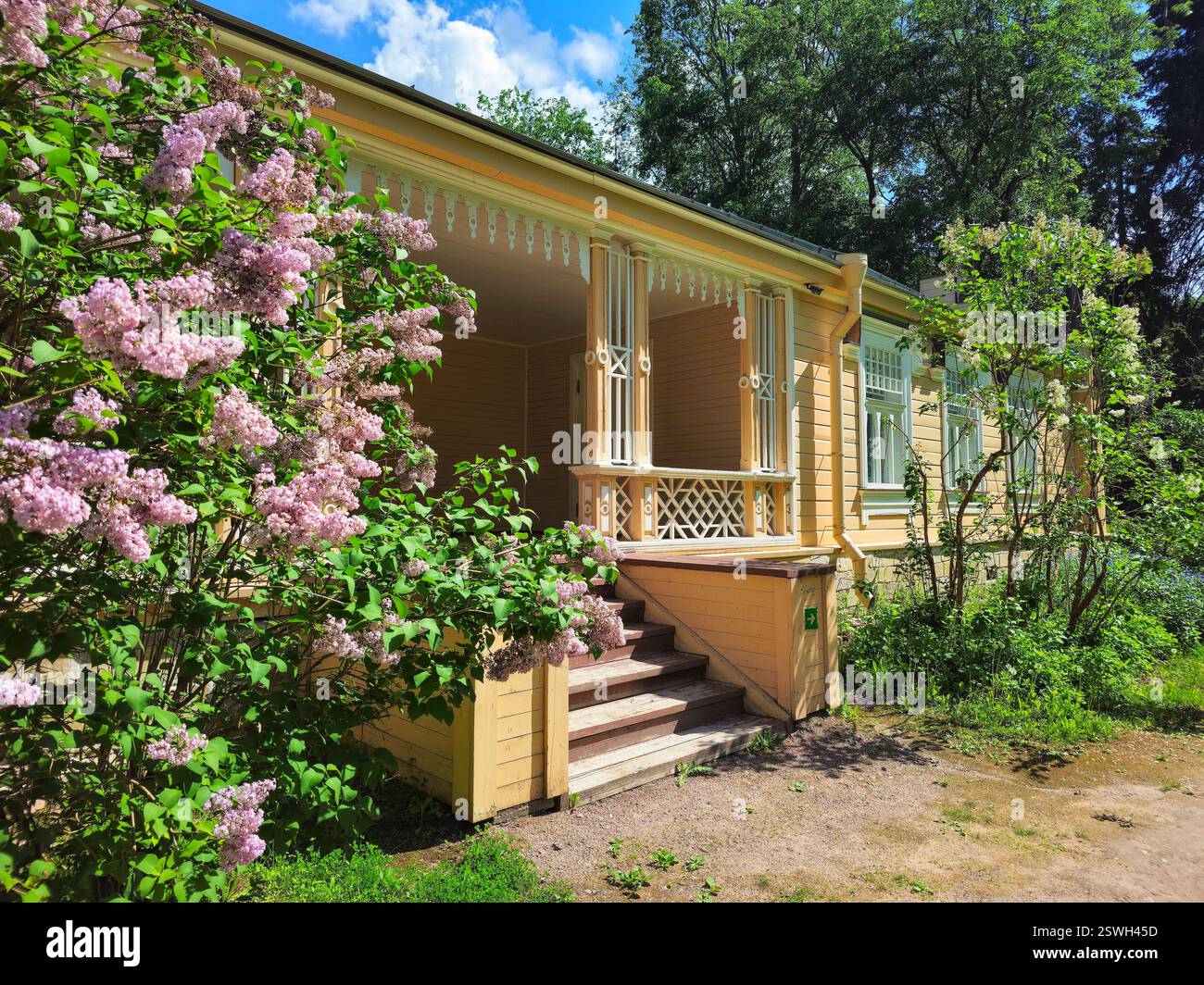 Beautiful the porch steps to veranda in old wooden houses and blooming ...