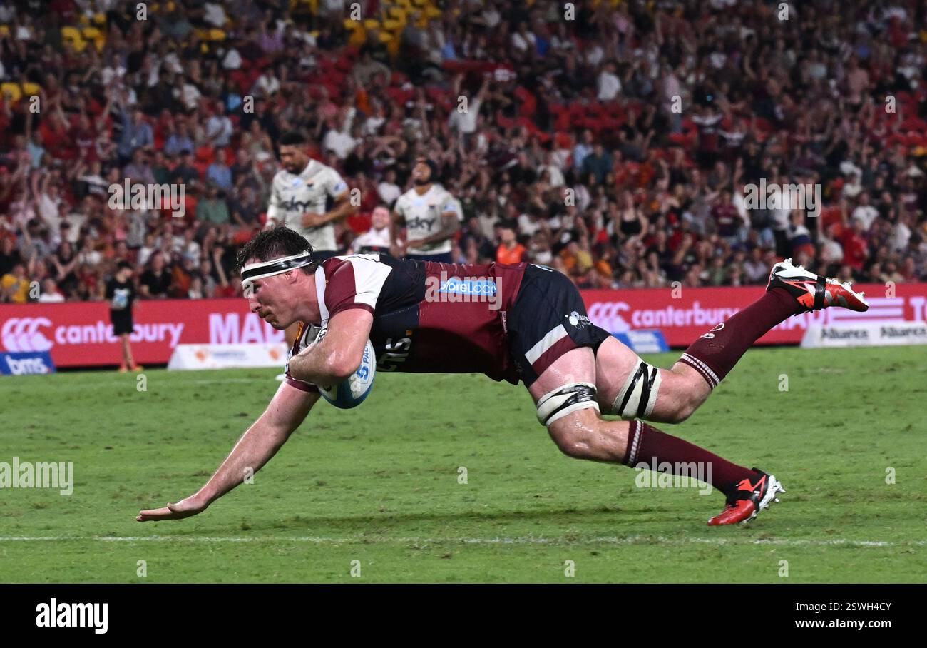 Brisbane, Australia. 21st Feb, 2025. Ryan Smith of the Reds scoring a ...