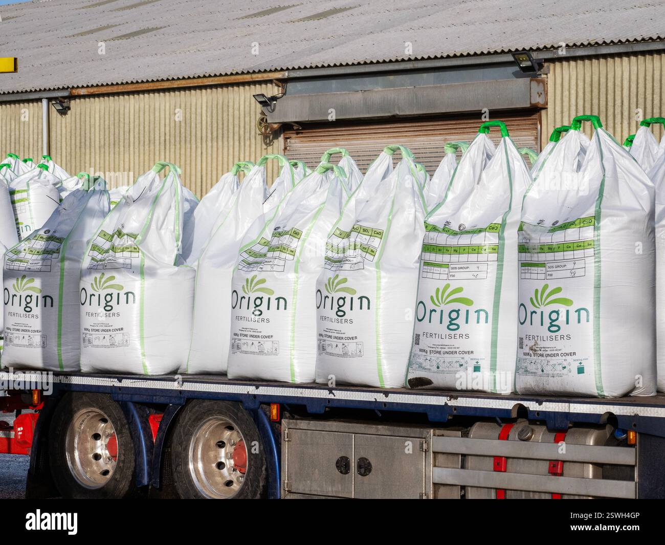 Bags of fertilizer on a lorry at Sharpness docks near Slimbridge ...